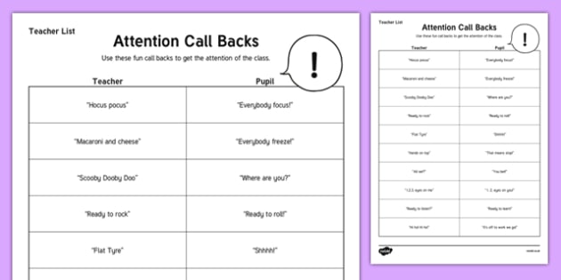 Attention Call Backs Teaching Ideas-Scottish (teacher made)