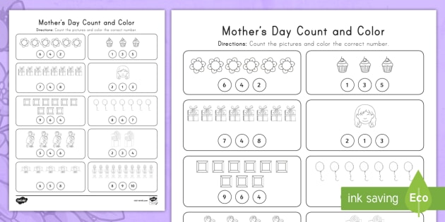 * NEW * Mother's Day Count and Color Activity Sheet - early