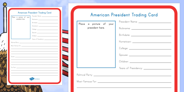 American President Trading Card Worksheet / Activity Sheet - KS2 ...
