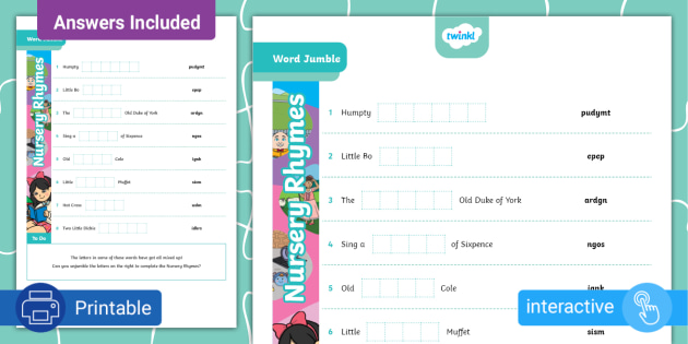 Nursery Rhymes Word Jumble - Twinkl - Kids Puzzles