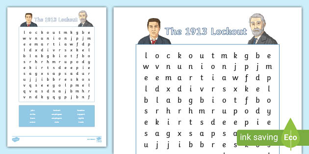 The 1913 Lockout Word Search (teacher made)