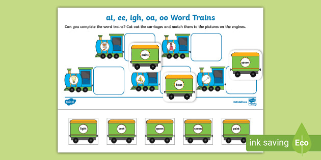 ai, ee, igh, oa, oo Phase 3 Phonics Cut and Stick Matching Activity