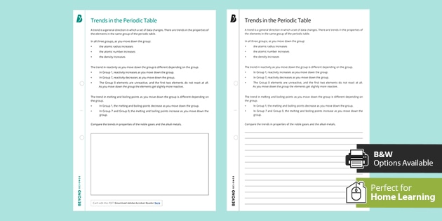 Worksheet Periodic Table Trends