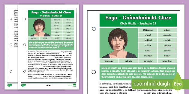 Enya Cloze Activity Week Twenty-Three Homework Gaeilge