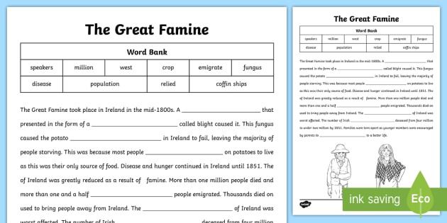 The Great Famine Cloze Procedure Worksheet (teacher made)