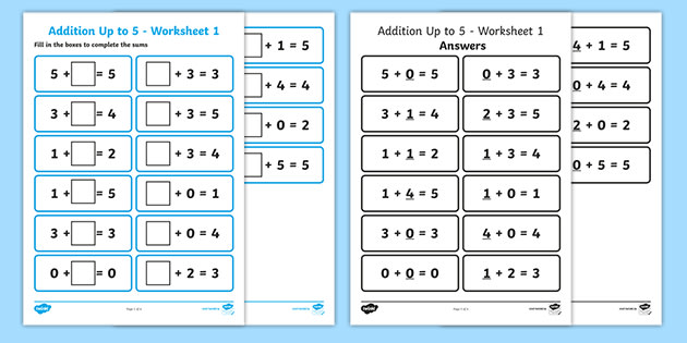 Addition Up to 5 Missing Box Worksheet 1 (teacher made)