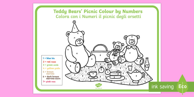 Teddy Bears' Picnic Colour by Numbers English/Italian - Teddy Bears' Picnic