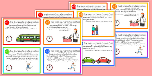 Time, Length and Capacity Problem-Solving Challenge Cards Arabic ...