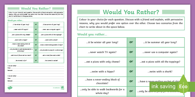 Would You Rather? Persuasive Discussion (Teacher-Made)