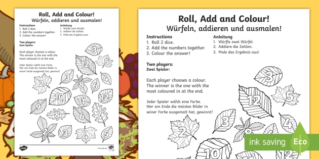 Leaf Roll and Colour Dice Addition Activity English/German