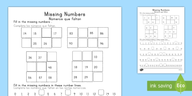 Missing Numbers Worksheet / Worksheet - English/Spanish