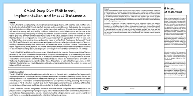 Ofsted Deep Dive PSHE Intent, Implementation and Impact Statements