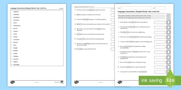 NAPLAN Style Misspelt Language Conventions Set Five Year 5 Exam Questions