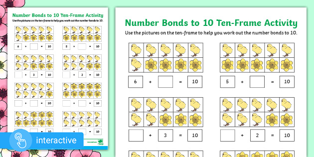 👉 Interactive PDF: Number Bonds to 10 Spring-Themed Ten-Frame