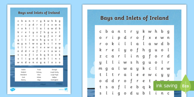 Bays and Inlets of Ireland Word Search-Irish