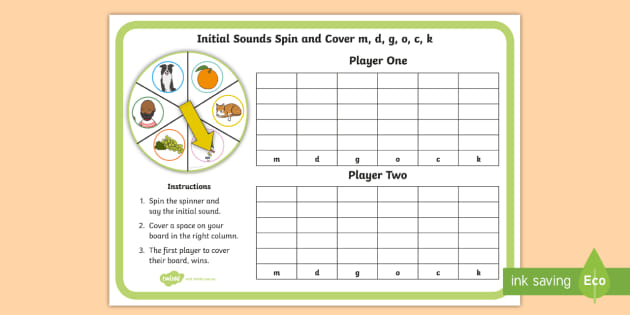 Initial Sounds Spin and Cover 'm, d, g, o, c, k' Board Game