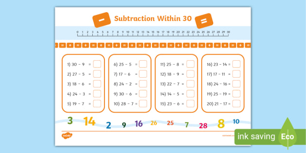Subtraction Within 30 Worksheet (teacher made)