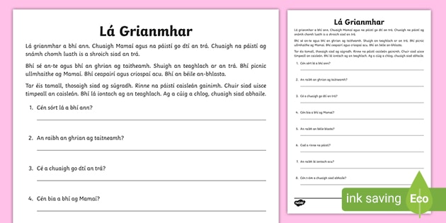 Lá Grianmhar | Gaeilge Reading Comprehension | Twinkl