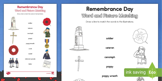 Remembrance Day Word and Picture Matching Worksheet / Worksheet