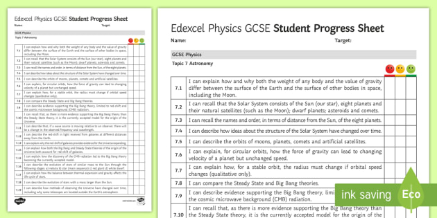 Edexcel Style GCSE Physics, Astronomy Progress Sheet