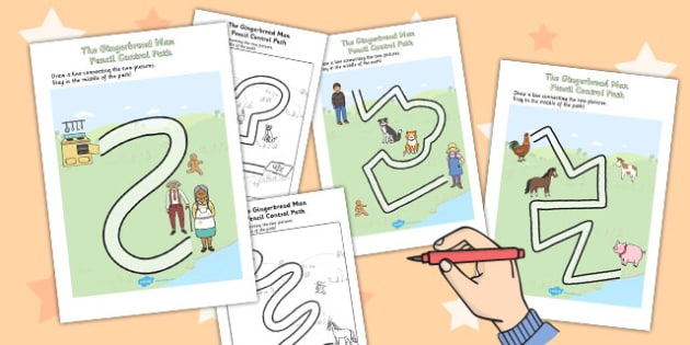 The Gingerbread Man Pencil Control Path Worksheets - control