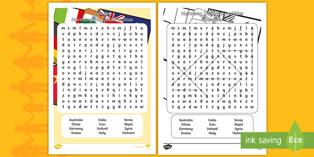 Year One Harmony Day Nationalities Word Search