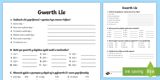Taflen Gwerth Lle (teacher made)