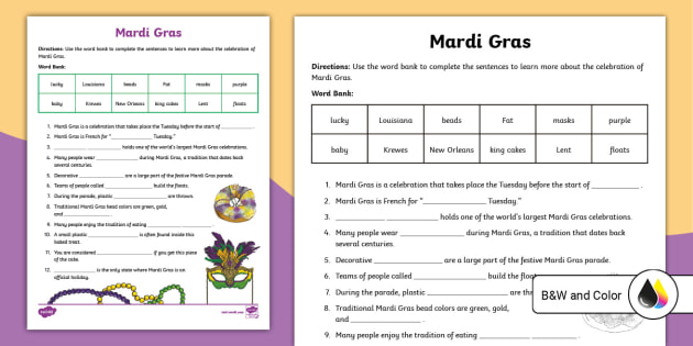 Third Grade Mardi Gras Cloze Reading Activity (Teacher-Made)