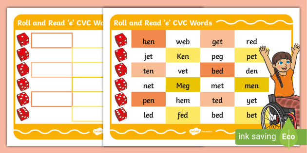 Roll and Read 'e' CVC Words Mat (teacher made)