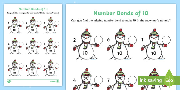 👉 Number Bonds to 10 on Snowmen Worksheet