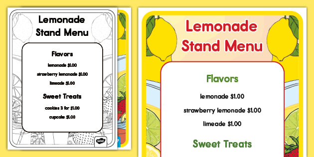 Lemonade Stand Dramatic Play Menu Sign