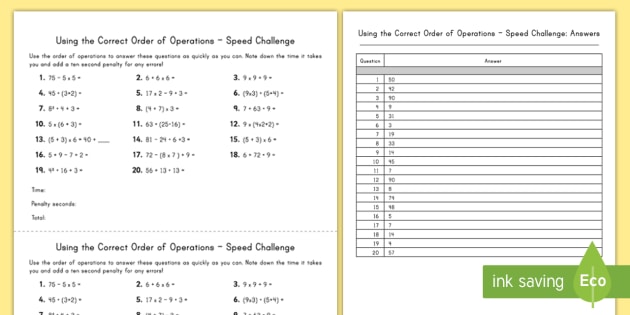 Using the Correct Order of Operations Speed Challenge Activity - order of