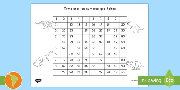 Tabla númerica: Completar los números que faltan - Dinosaurios