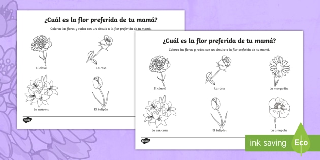 Hojas de colorear de vocabulario: Flores para mamá - Día de la madre