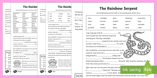 FREE! - The Rainbow Serpent Cloze Differentiated Worksheet / Worksheets