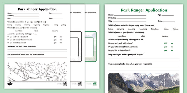 Park Ranger Job Application Writing Activity