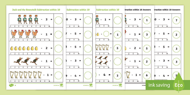 Jack and the Beanstalk Subtraction within 10 Worksheet