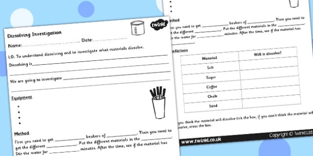 Dissolving Investigation Worksheet - dissolving, science