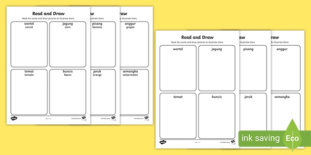 Fruit and Vegetables Read and Draw Worksheet Indonesian