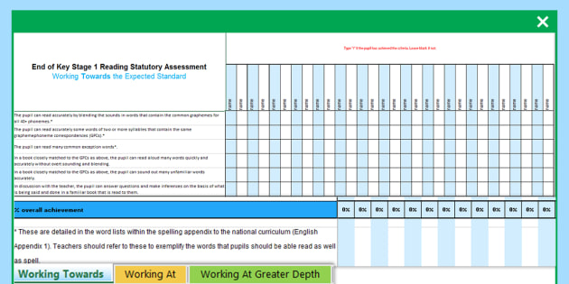 KS1 Reading Exemplification Assessment Spreadsheet