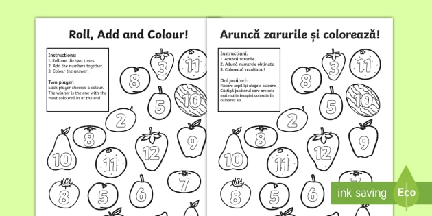 Fruit Roll and Colour Three Dice Addition Activity English/Romanian - Fruit