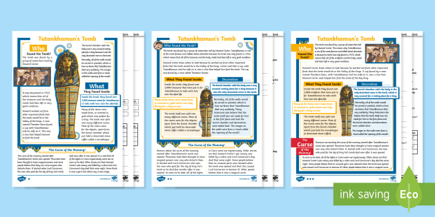 LKS2 Tutankhamun Differentiated Reading Comprehension Activity