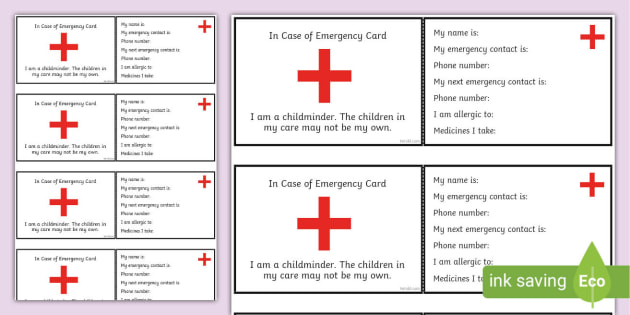 Childminder In Case of Emergency Information Cards