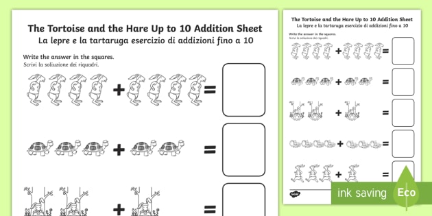 The Tortoise and The Hare Up to 10 Addition Sheet English/Italian - The