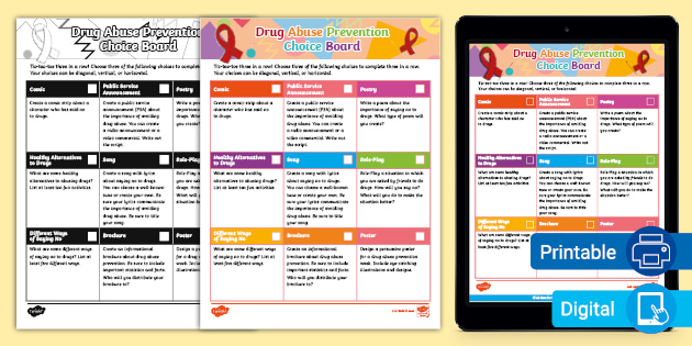 Drug Abuse Prevention Choice Board (teacher made)