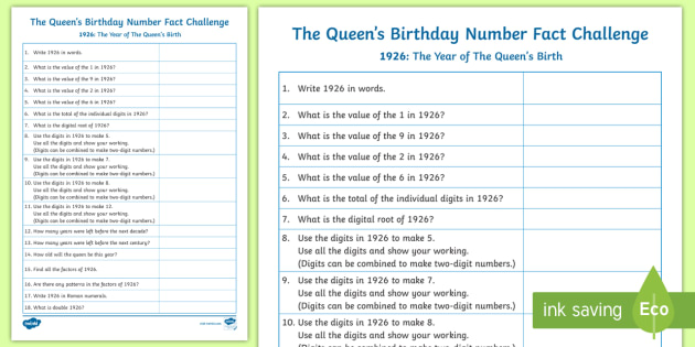 The Queen's Birthday Number Fact Challenge Worksheet