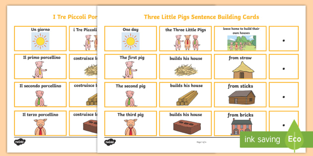 The Three Little Pigs Sentence Building Cards English/Italian - The Three