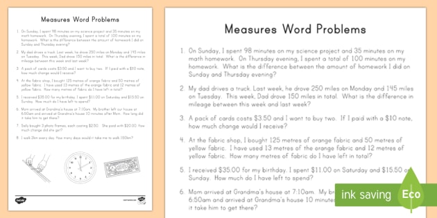 Math Word Problems Measures Worksheet / Worksheet