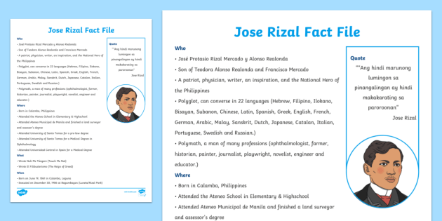 Jose Rizal Fact File - Elementary (teacher made) - Twinkl