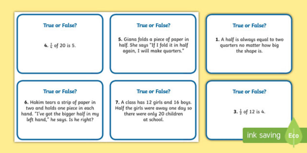 Year 1 Fractions True or False? Challenge Cards